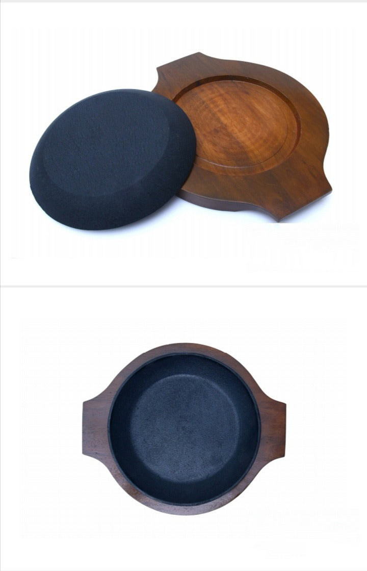 Round Shape Cast Iron serving platter with wooden base – Needs Store